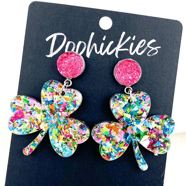 2" Hot Pink & Teal Party Glitter Shamrock Dangles -St. Paddy Acrylic E ...