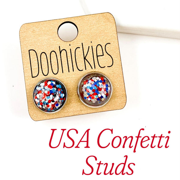12mm USA Confetti Drops in Stainless Steel Settings - Patriotic Earrin ...